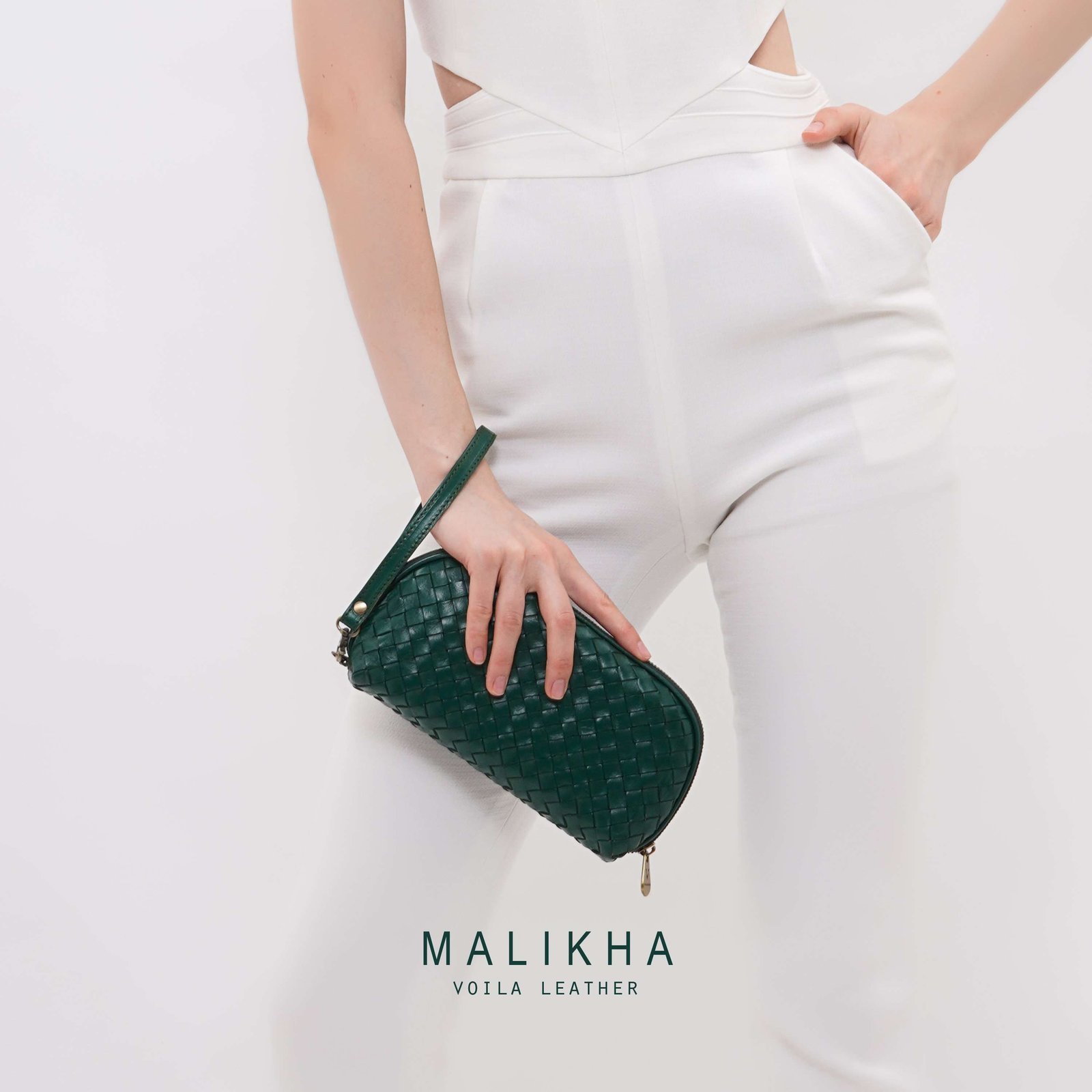 Genuine Leather Ethnic Woven Pouch Voila Malikha Green - Voila Leather