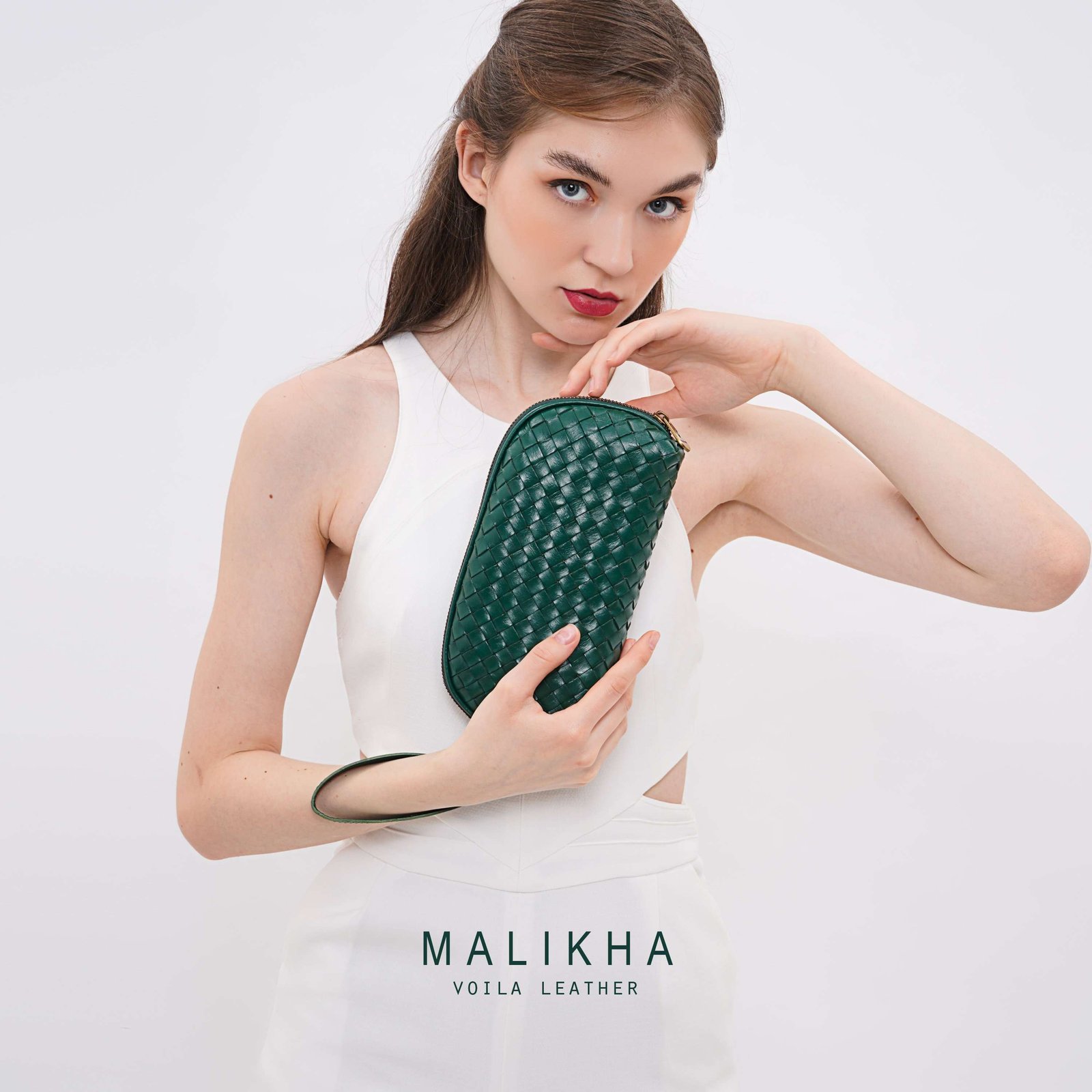 Genuine Leather Ethnic Woven Pouch Voila Malikha Green - Voila Leather