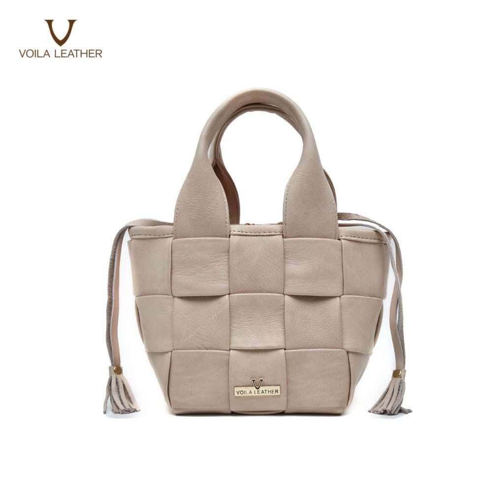 Genuine Leather Woven Bucket Sling Bag Voila Becca Nude - Voila Leather