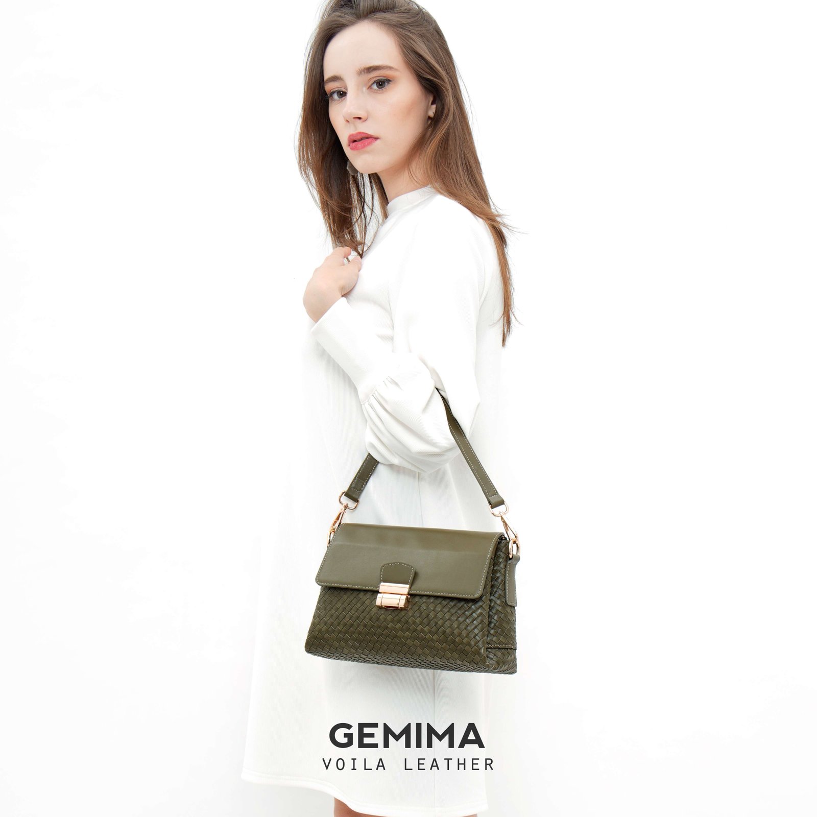 Medium Tote Selempang Anyam Kulit Asli Voila Gemima Green - Voila Leather