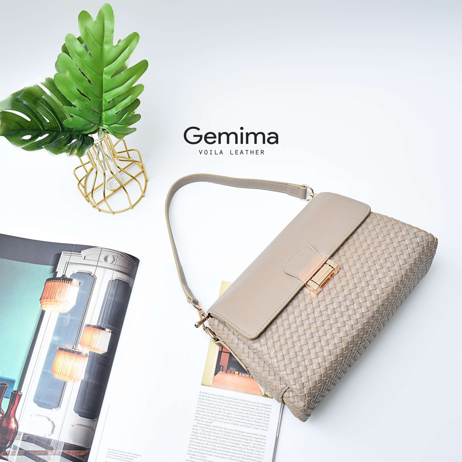 Medium Tote Selempang Anyam Kulit Asli Voila Gemima Nude - Voila Leather